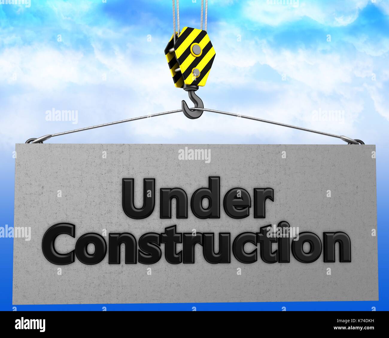 3d illustration of under construction sign with crane hook over sky ...