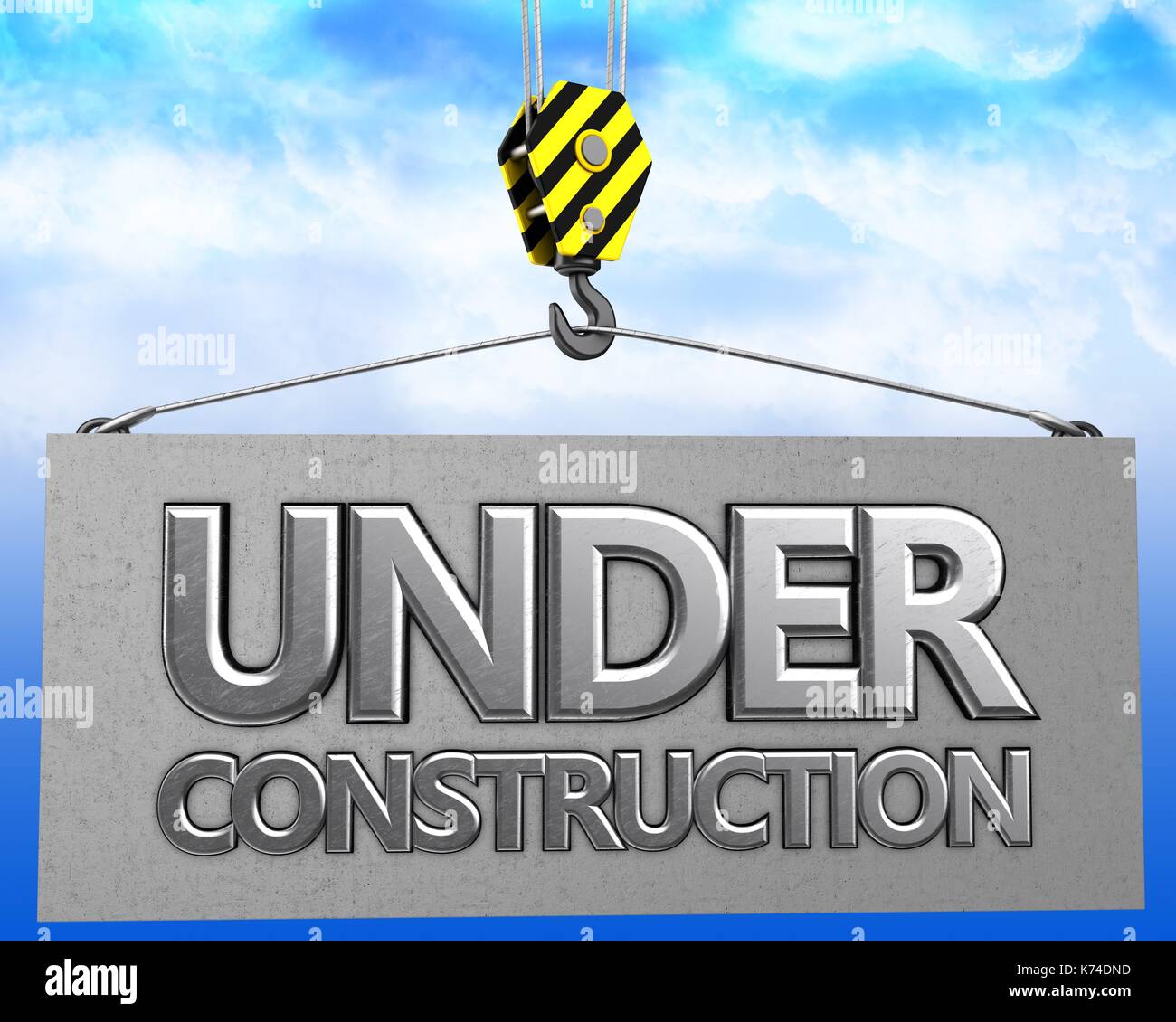 3d illustration of metallic under construction sign with crane hook ...