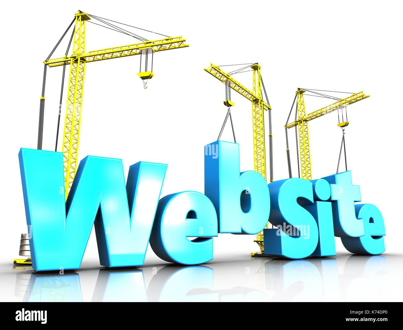 3d illustration of website blue color sign with three cranes over white ...