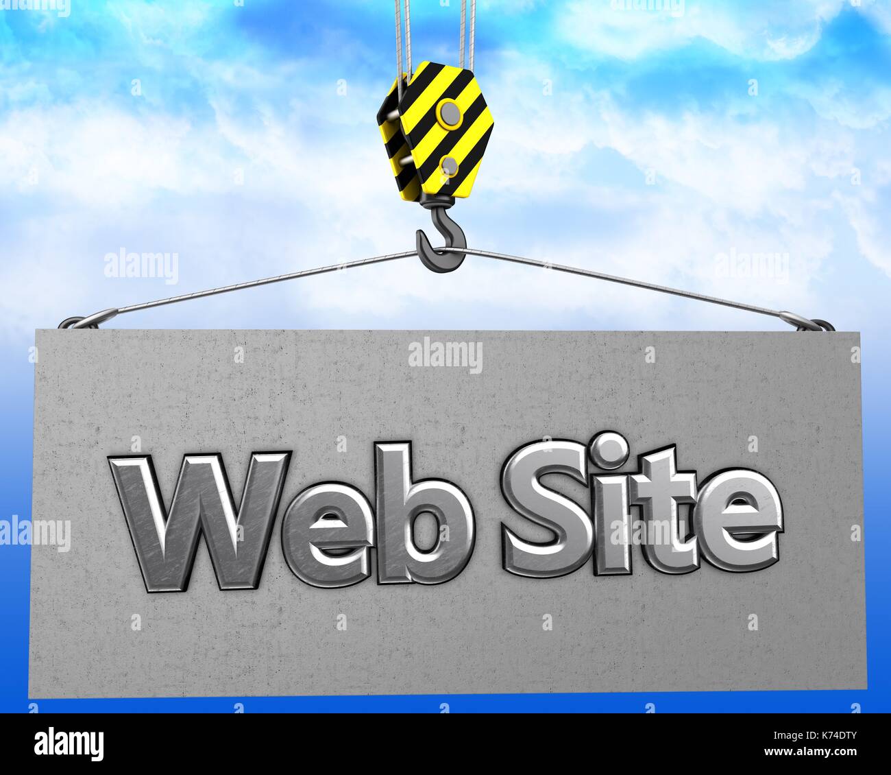 3d illustration of web site sign with crane hook over sky background ...