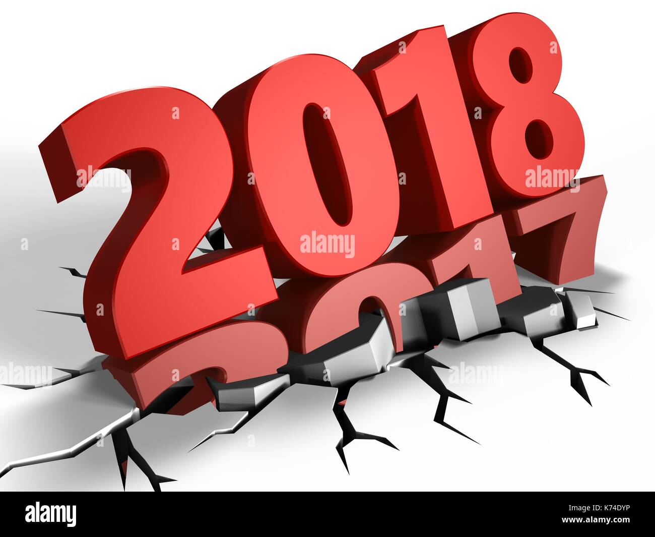 3d illustration of year change to 2018 with crack over white background ...