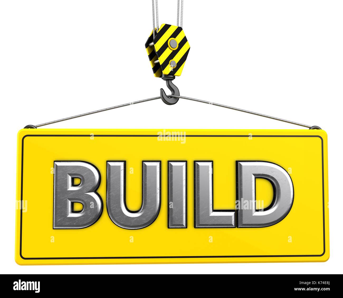 3d illustration of build sign with crane hook over white background ...