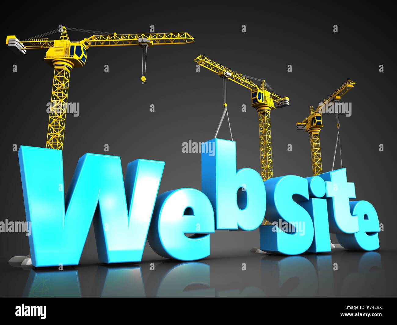 3d illustration of website blue color sign with cranes over black ...