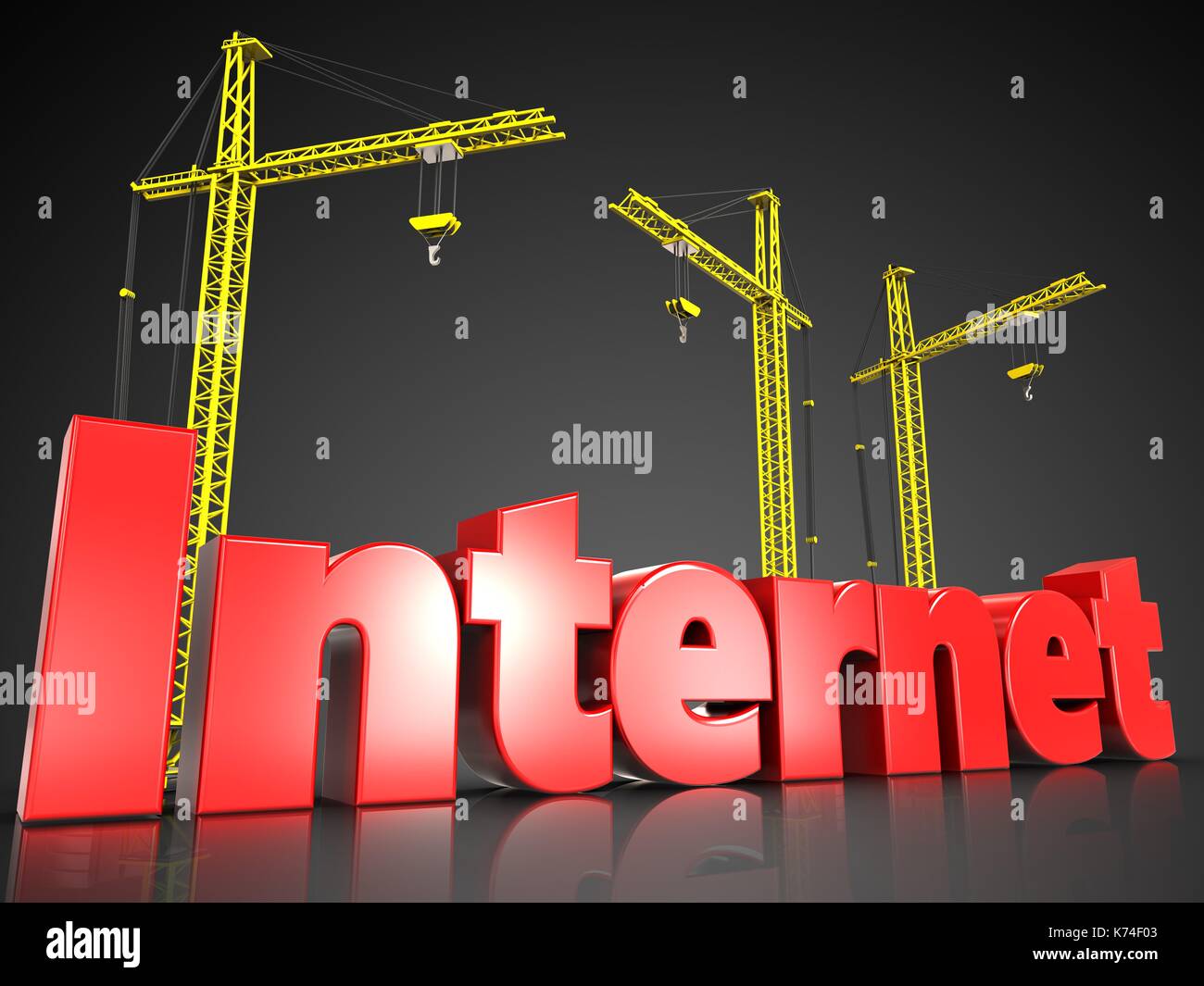 3d illustration of internet sign with three cranes over black ...