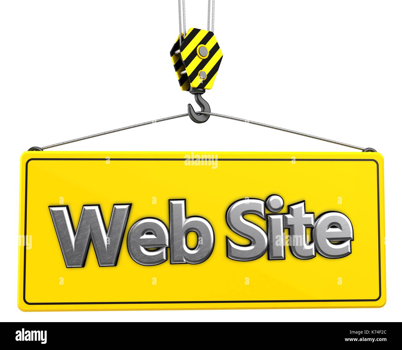 3d illustration of web site sign with crane hook over white background ...