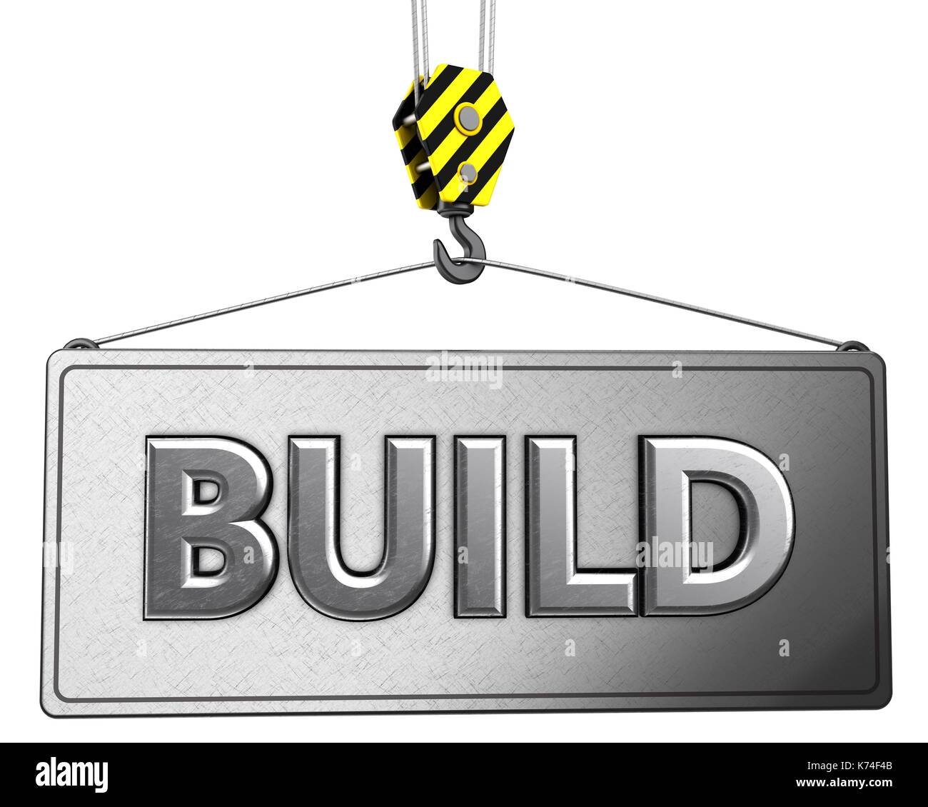 3d illustration of build sign with crane hook over white background ...