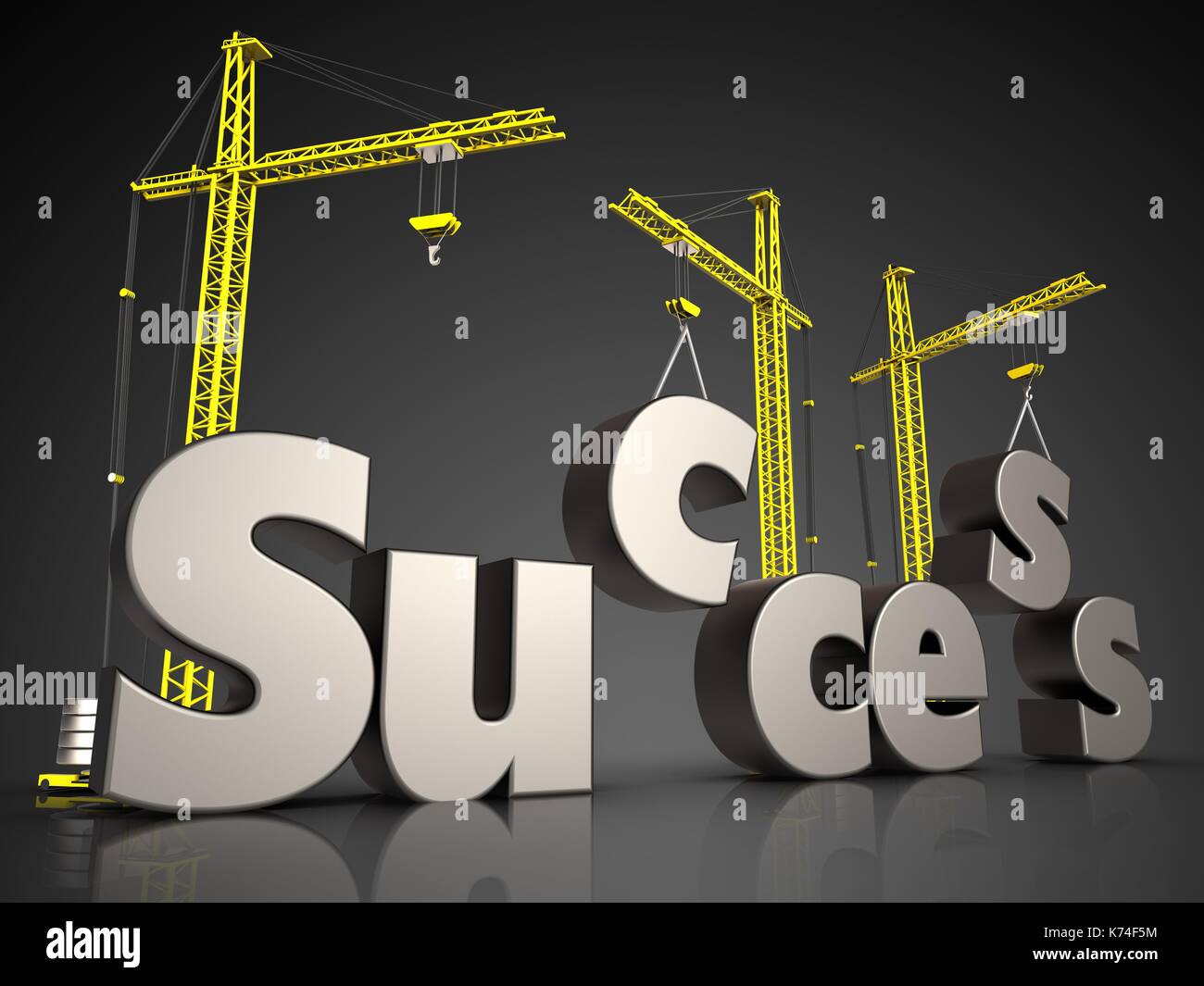 3d illustration of success sign with three cranes over black background ...