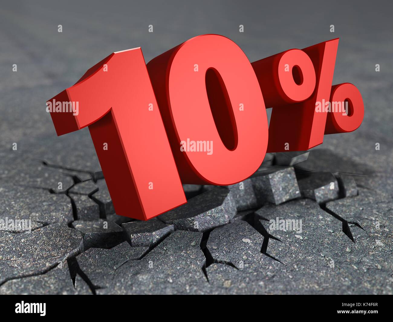 3d illustration of 10 percent discount with crack over asphalt ...