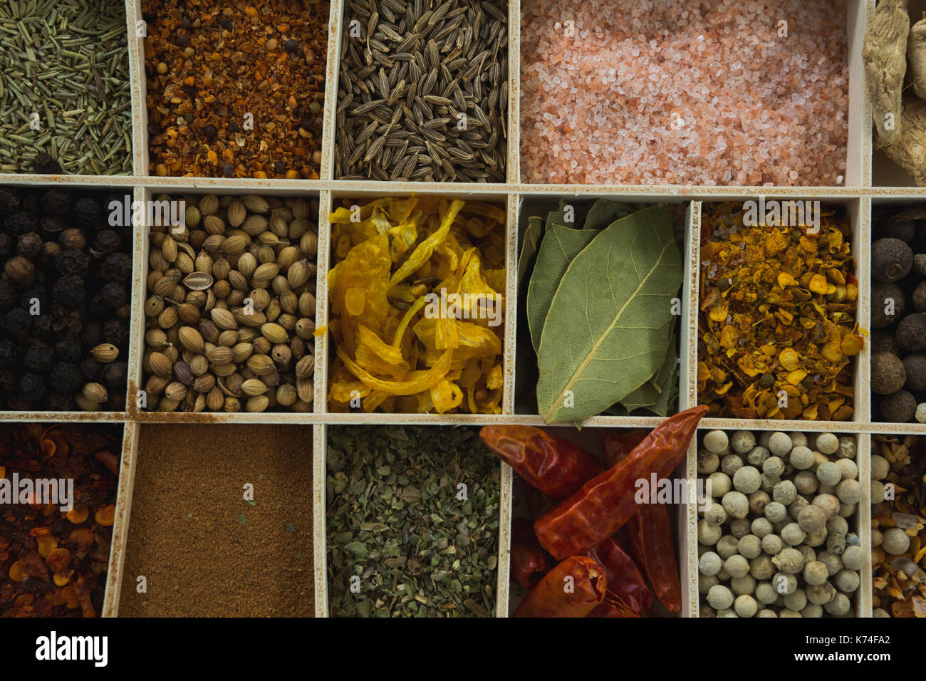 Overhead of various spices arranged in tray Stock Photo - Alamy