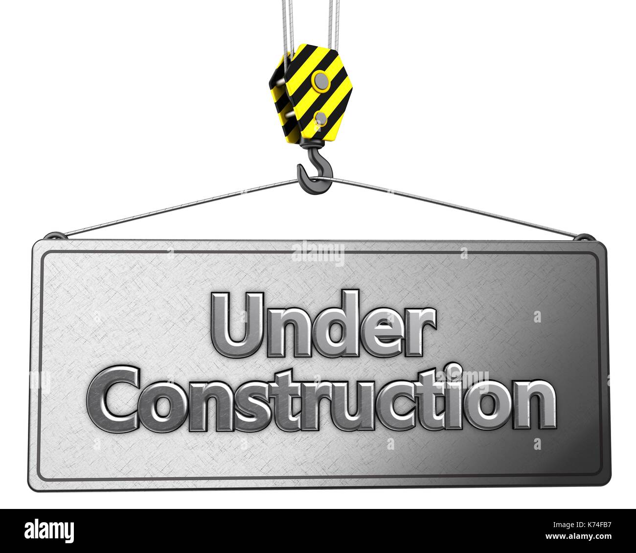3d illustration of under construction sign with crane hook over white ...