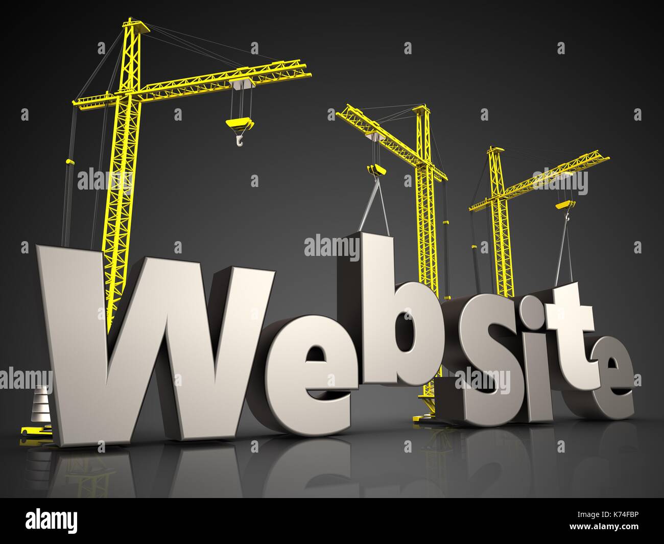 3d illustration of web site sign with three cranes over black ...
