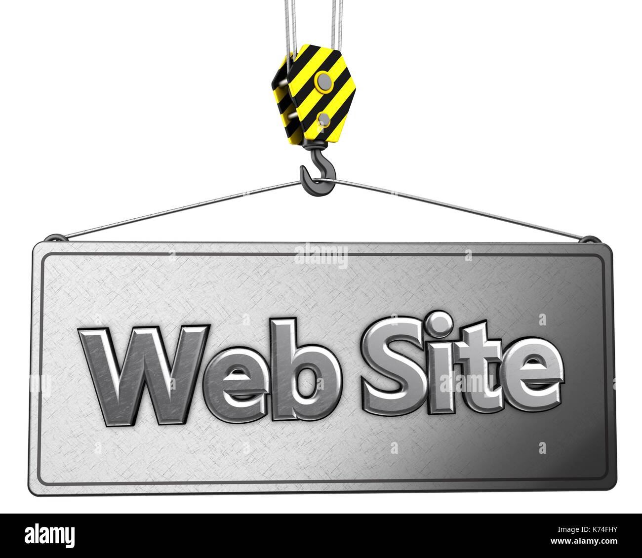 3d illustration of web site sign with crane hook over white background ...