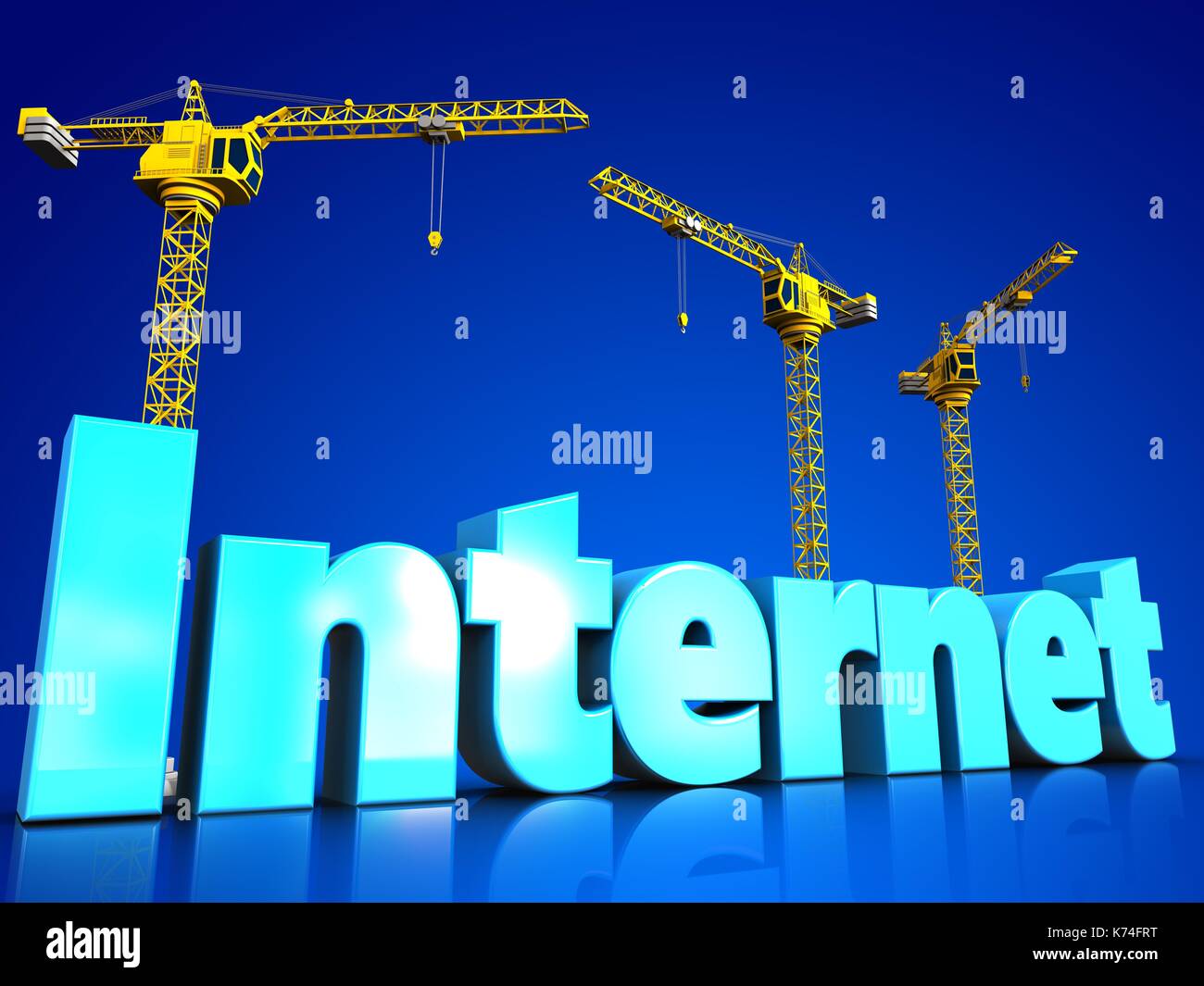 3d illustration of internet blue color sign with cranes over blue ...