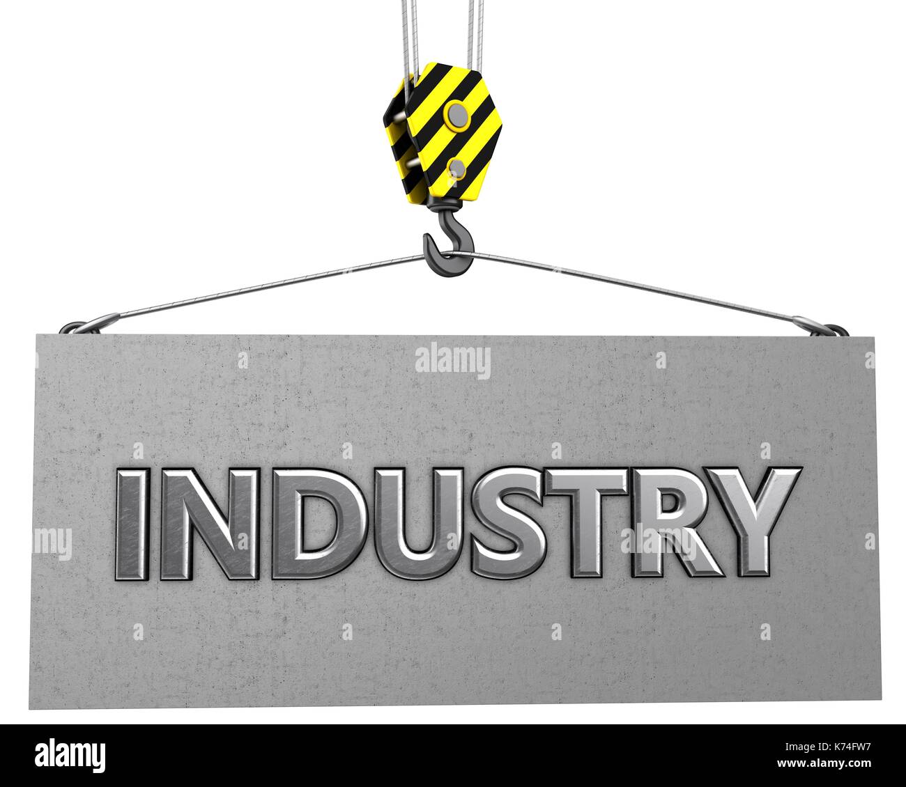 3d illustration of metal industry sign with crane hook over white ...