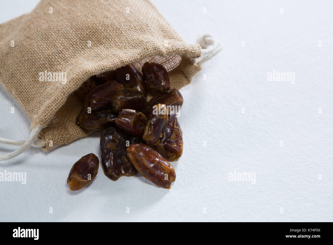 Close-up of burlap sack with palm dates spilling out over a white ...