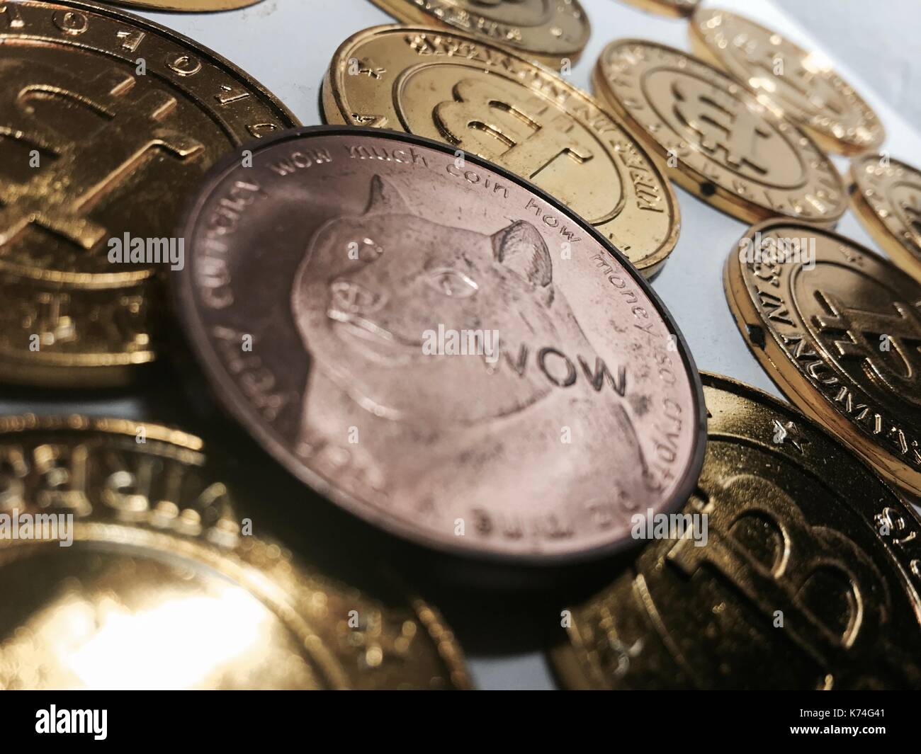 Digital currency physical brass dogecoin coin and bitcoin coins Stock ...