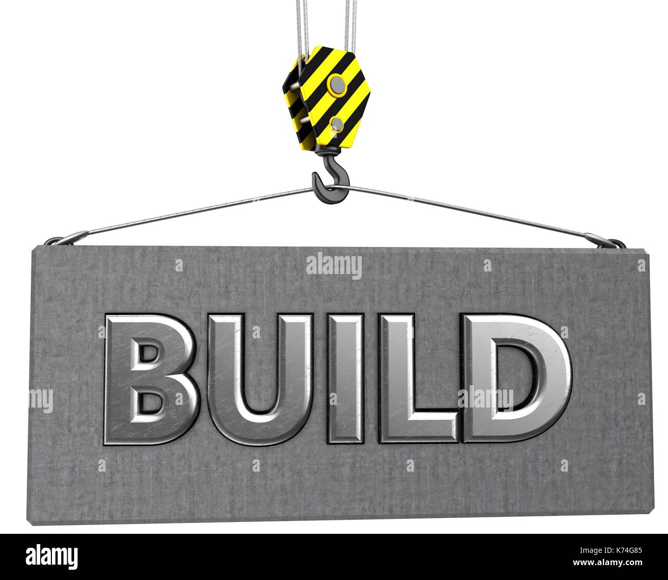 3d illustration of build sign with crane hook over white background ...