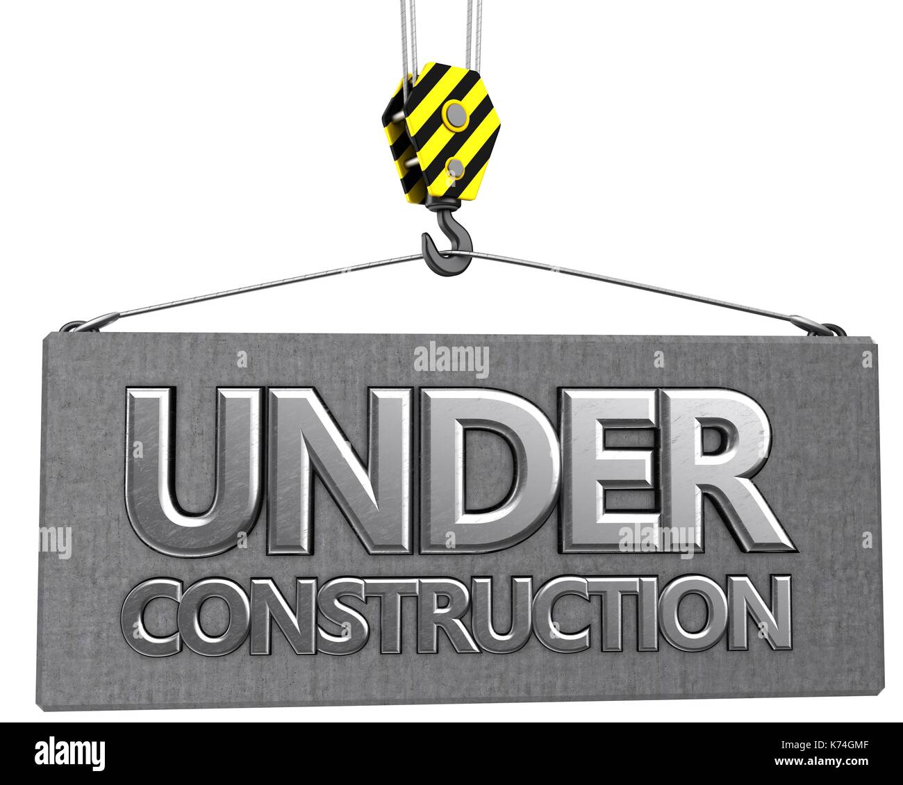 3d illustration of metallic under construction sign with crane hook ...
