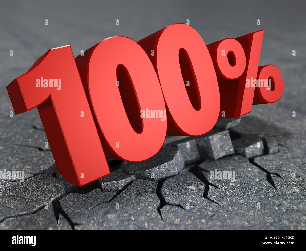 3d illustration of 100 percent with crack over asphalt background Stock ...