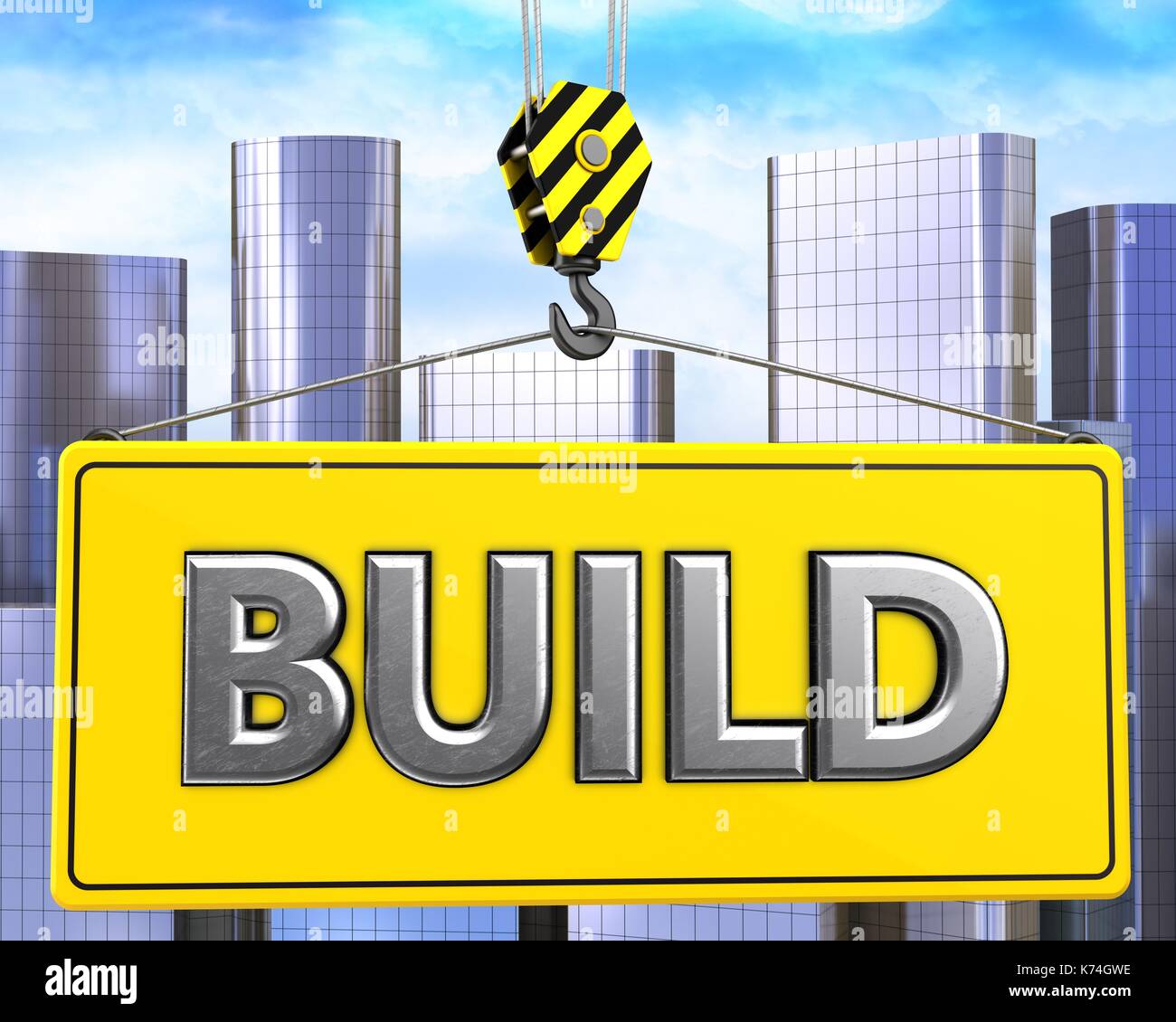 3d illustration of build sign with crane hook over city background ...