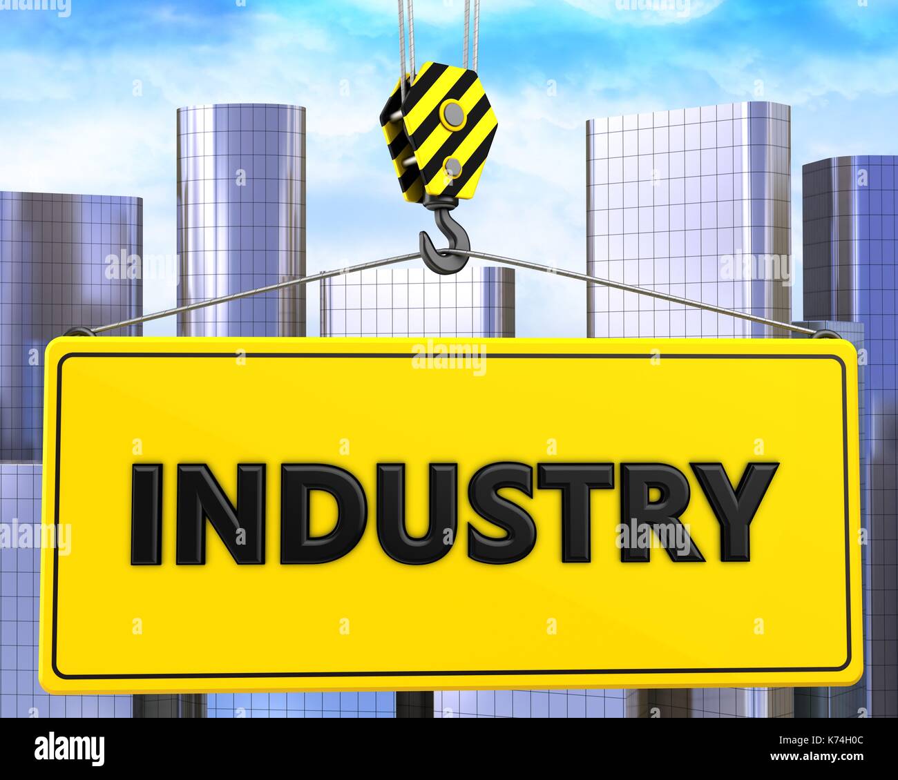 3d illustration of industry sign with crane hook over city background ...