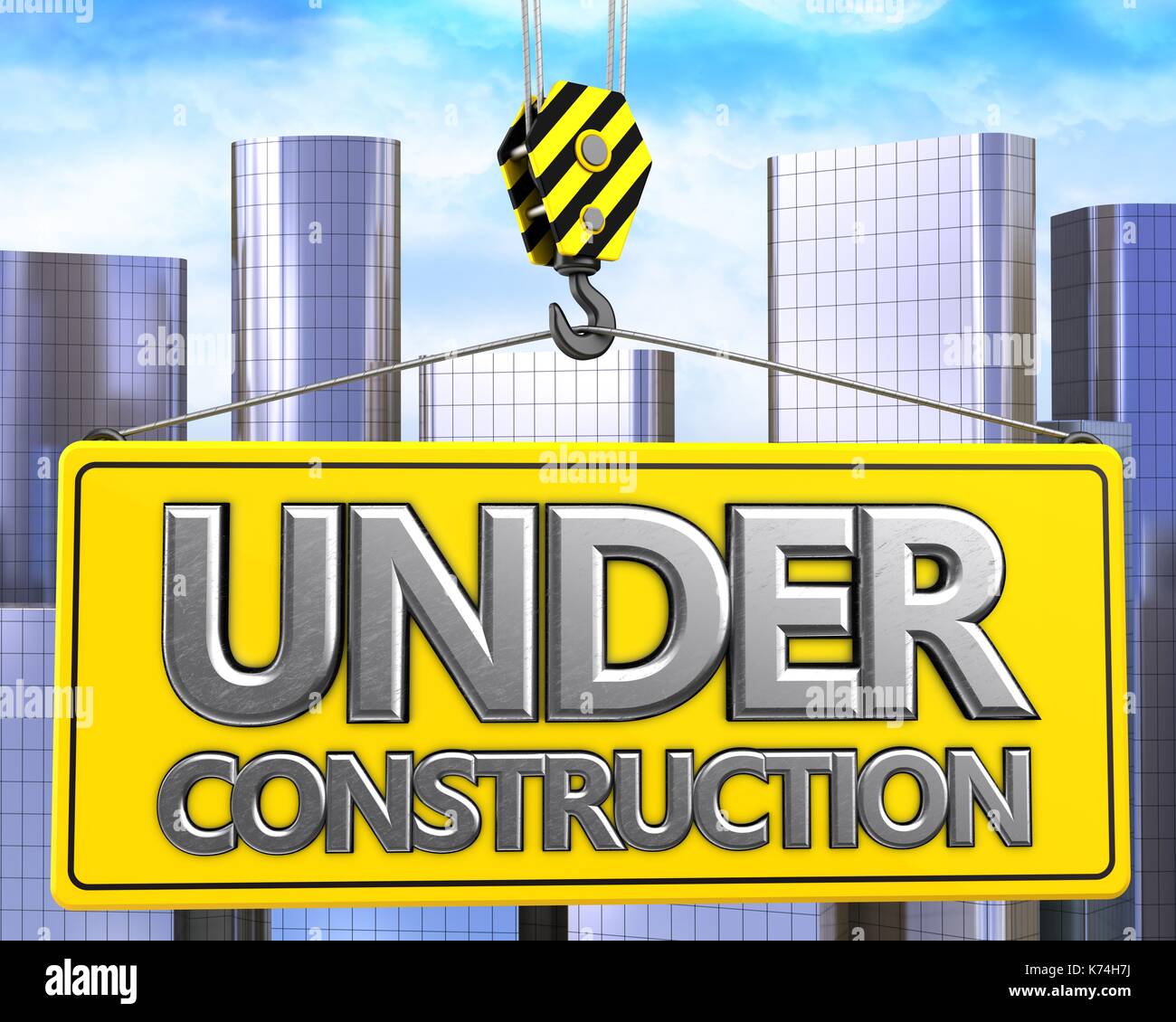 3d illustration of metallic under construction sign with crane hook ...