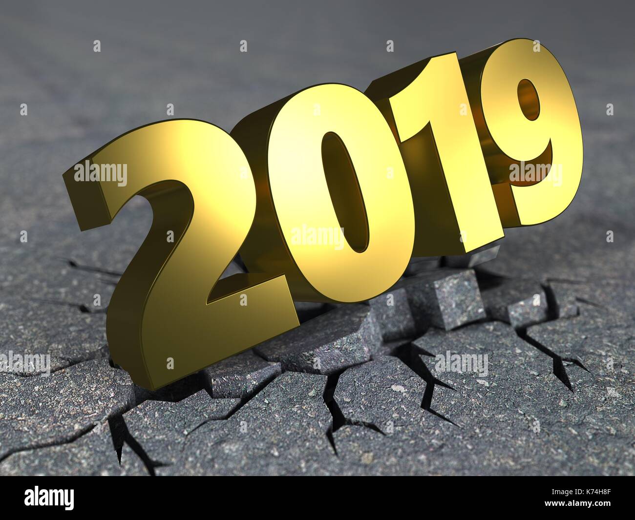 3d illustration of 2019 year with crack over asphalt background Stock ...