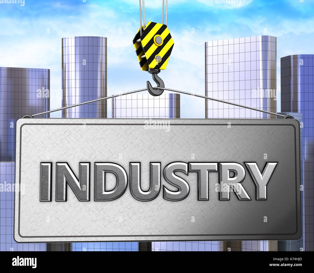 3d illustration of metal industry sign with crane hook over city ...