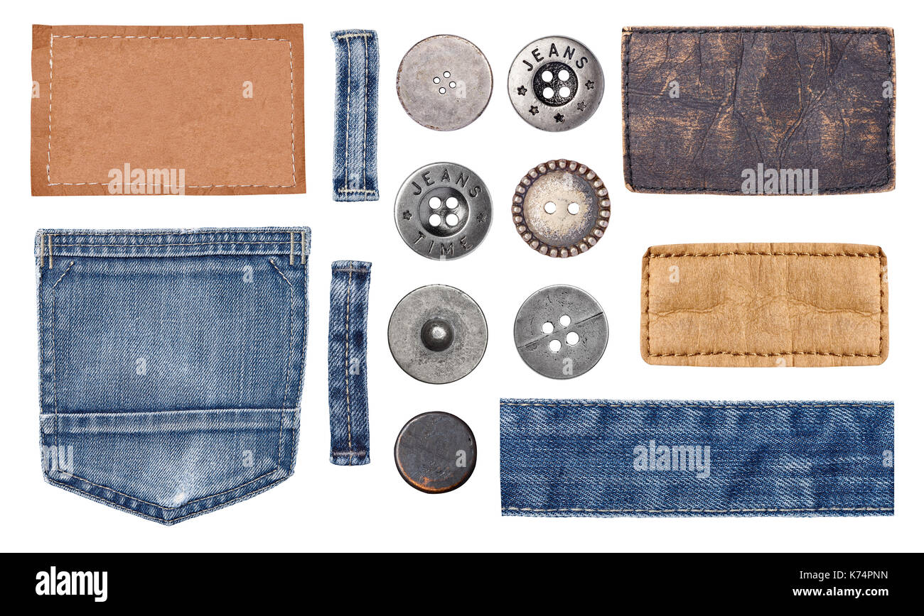 collection of various jeans parts and buttons Stock Photo - Alamy