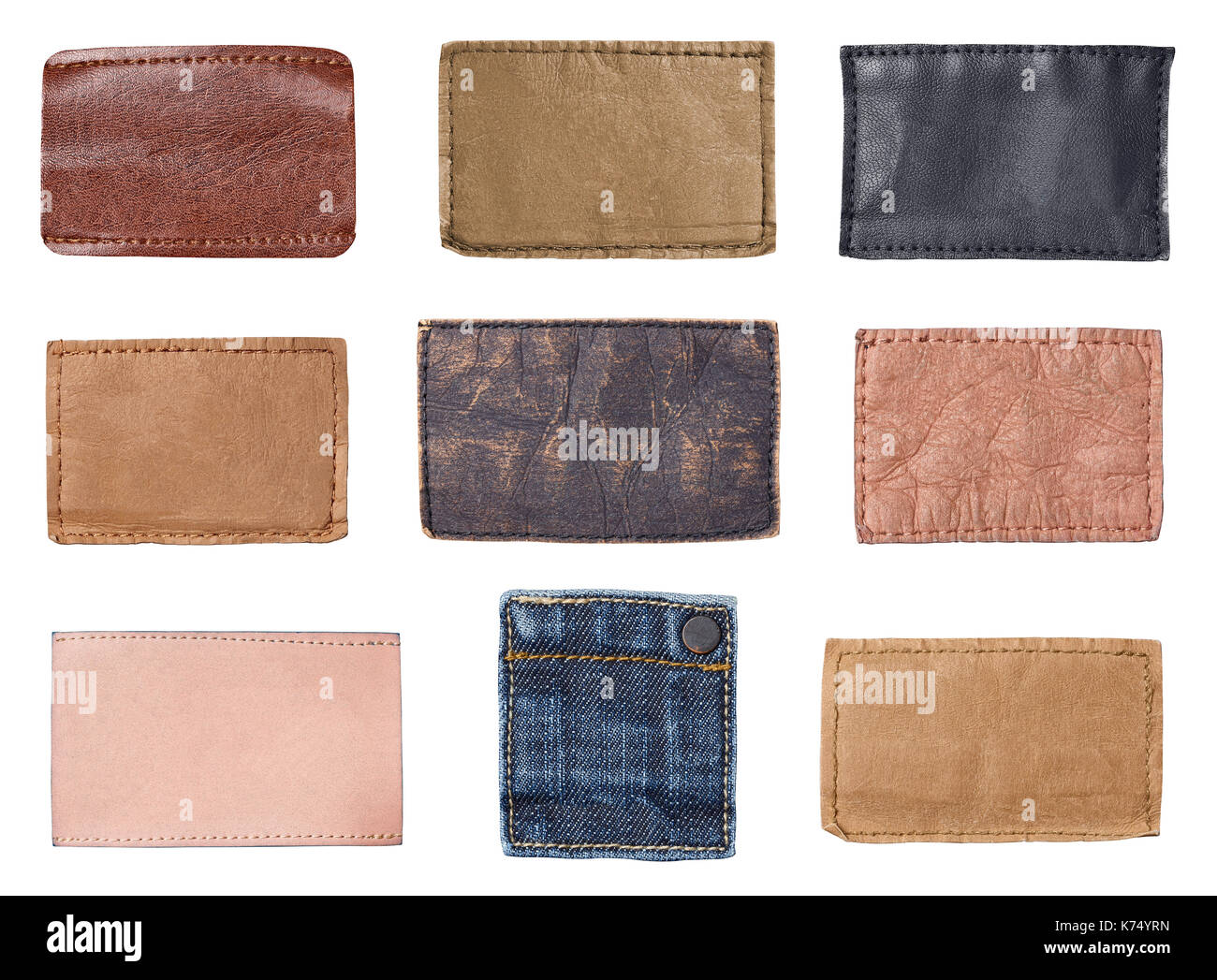 collection of various jeans labels on white background Stock Photo - Alamy