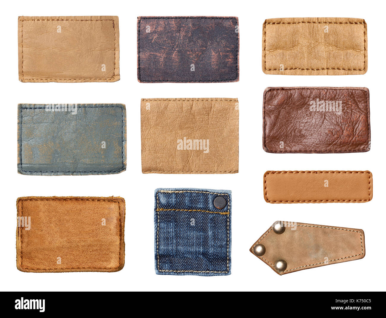 collection of various jeans labels on white background Stock Photo - Alamy