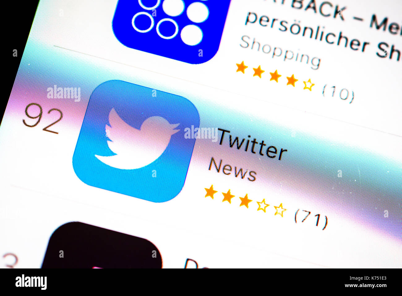Twitter App in the Apple App Store, App-Icon, display on a screen of a ...
