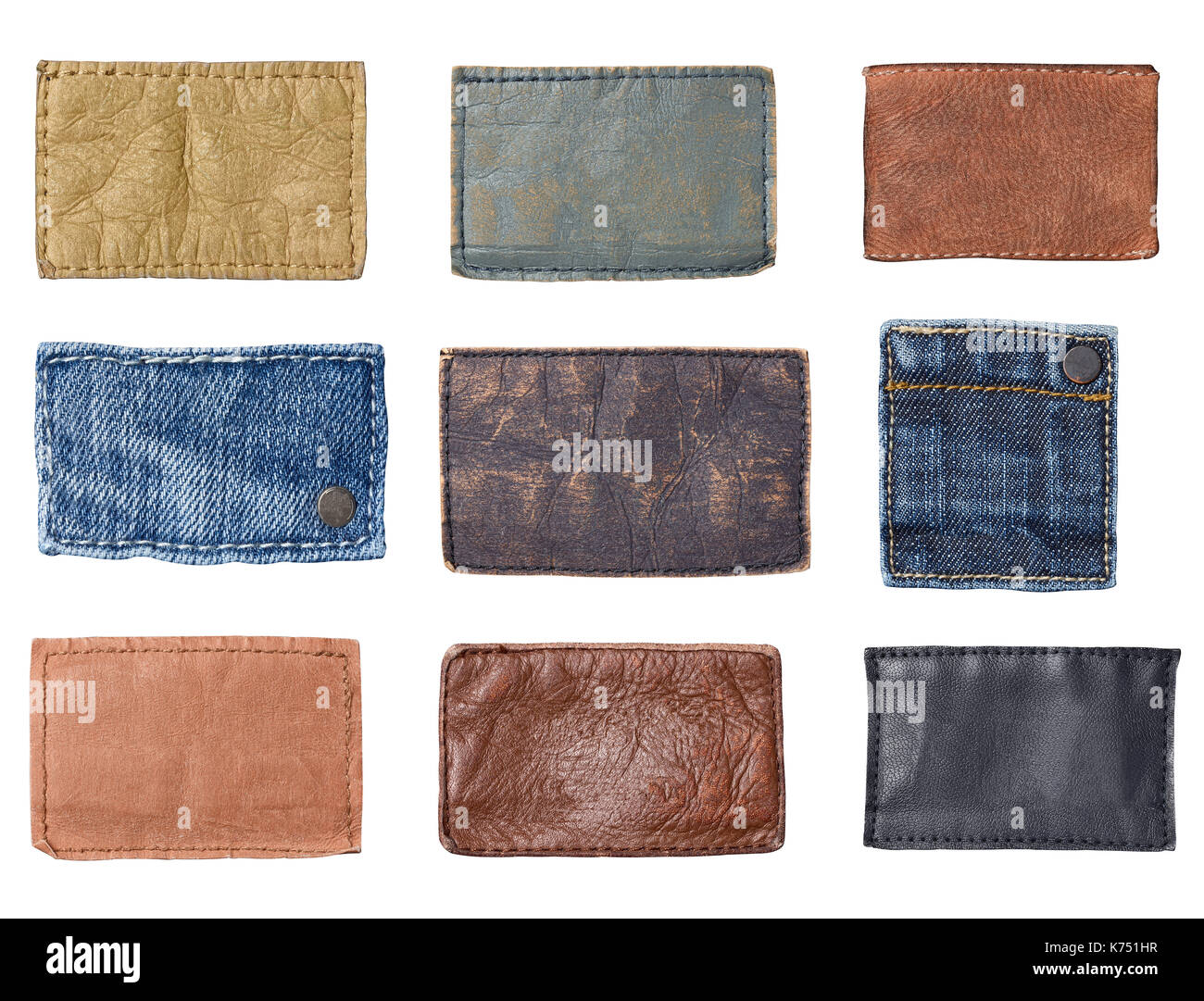 collection of various jeans labels on white background Stock Photo - Alamy