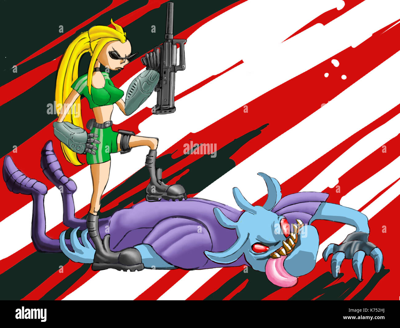 Cool monsters killer girl with rifle standing over a fallen demon ...