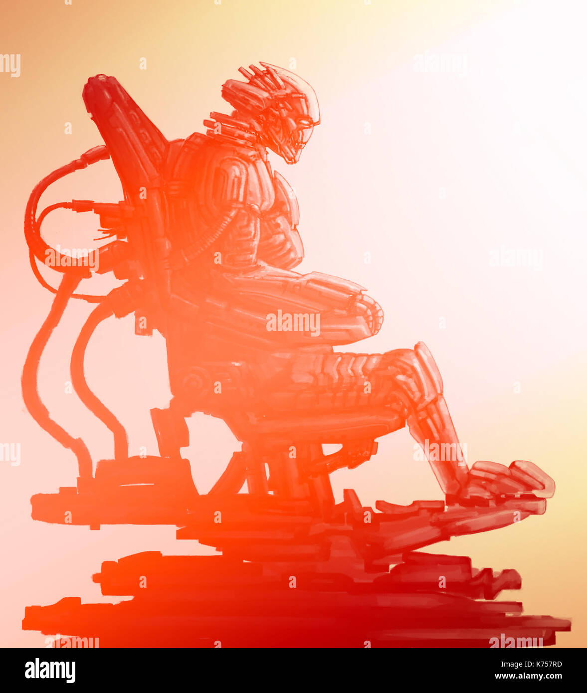 Alien astronaut sits in suit on his iron throne. Science fiction ...