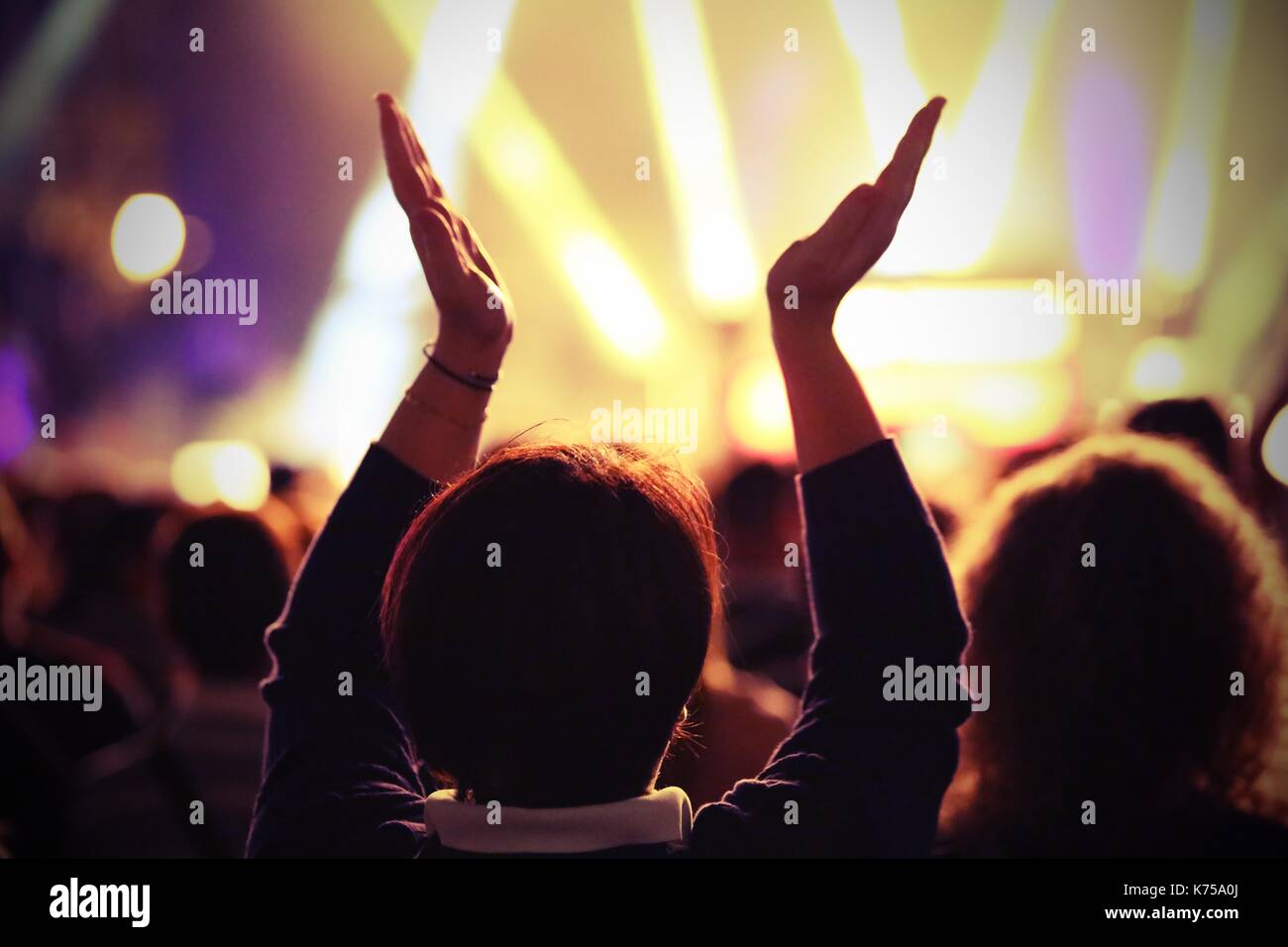 fans while applauding the rock band at live concert with vintage effect ...