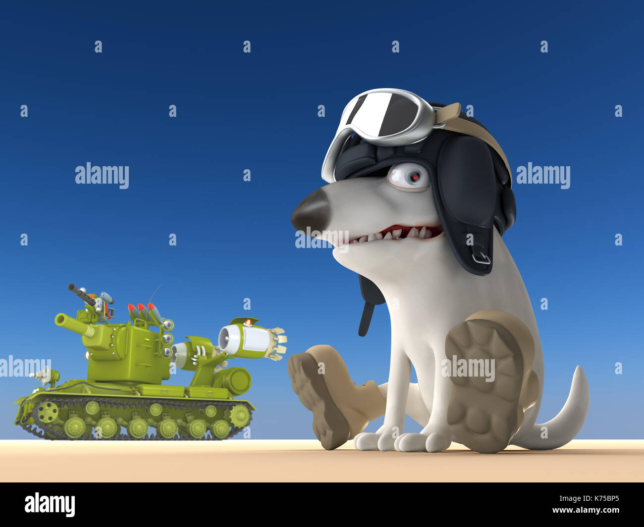 Dog tanker 3d illustration. Funny bull terrier on blue background ...
