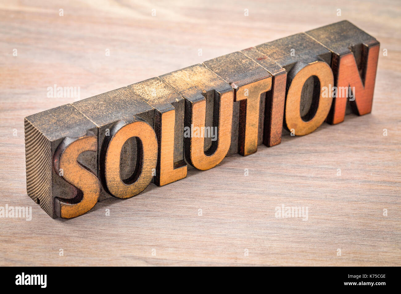solution word abstract in vintage letterpress wood type against grained ...
