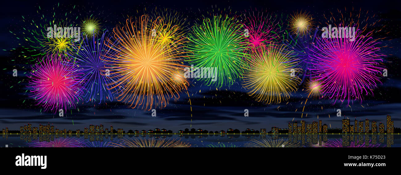 Digital illustration of a night landscape with fireworks over a city ...