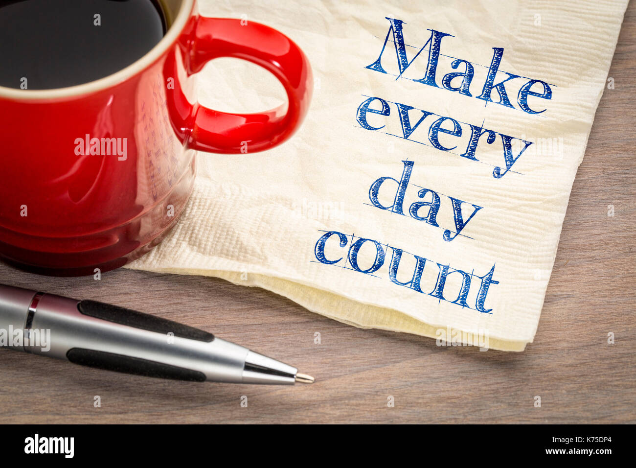 Make every day count - inspirational handwriting on a napkin with a cup ...