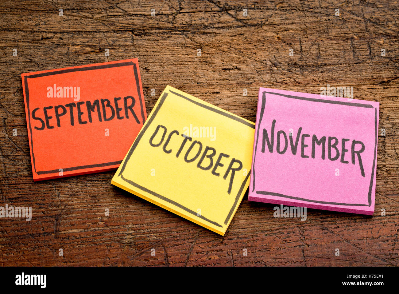September, October and November - handwriting in black ink on sticky ...