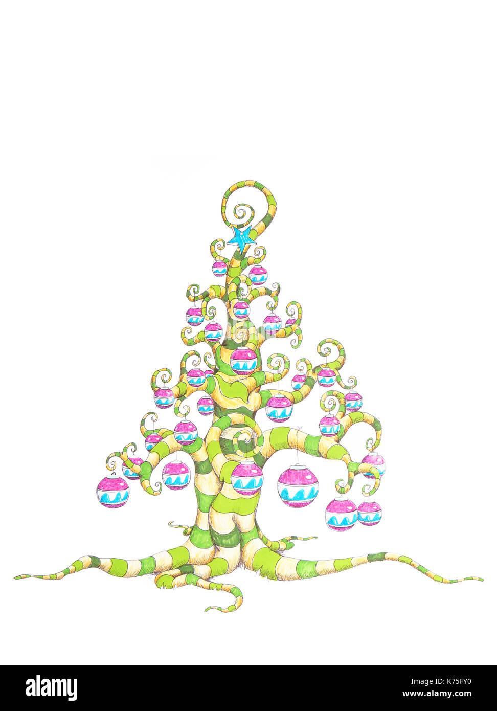 Comic Christmas tree - Handmade illustration in colored pencil and ...