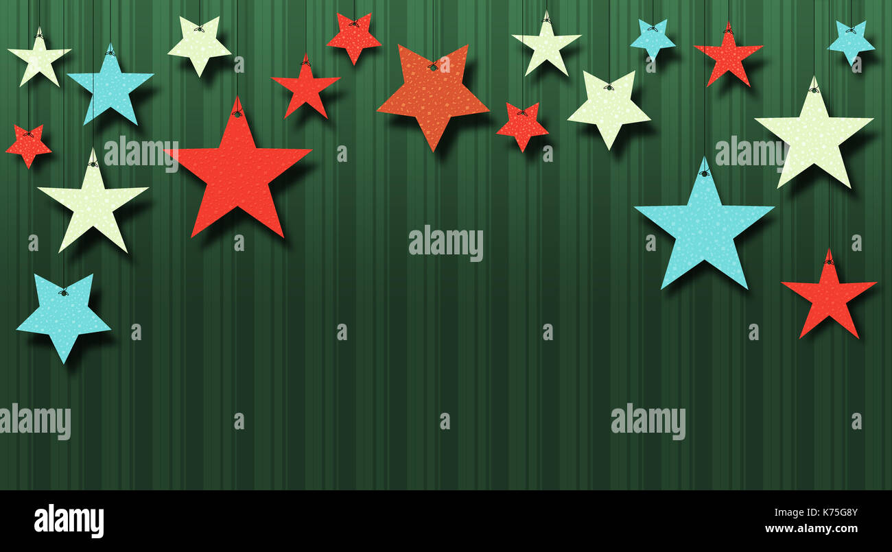 Background of multi color paper stars hanging in front of a wall with ...