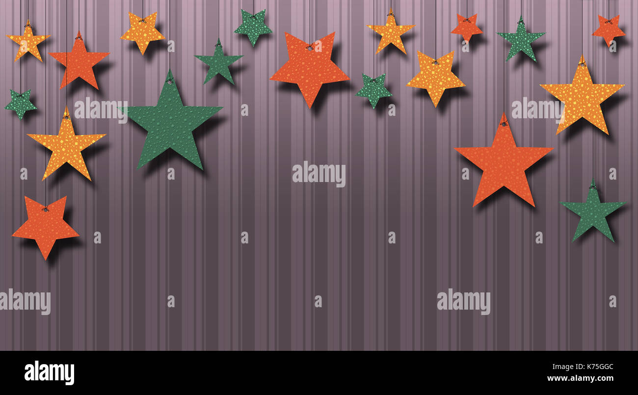 Background of multi color paper stars hanging in front of a wall with ...