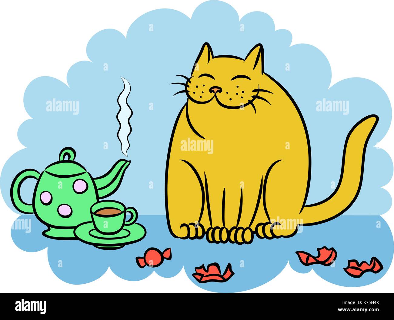 tea with the orange cat. funny cartoon vector illustration Stock Vector ...