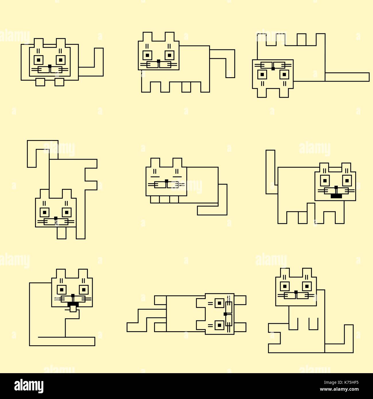 Square linear cats. Vector illustration. Funny cartoon flat cool ...