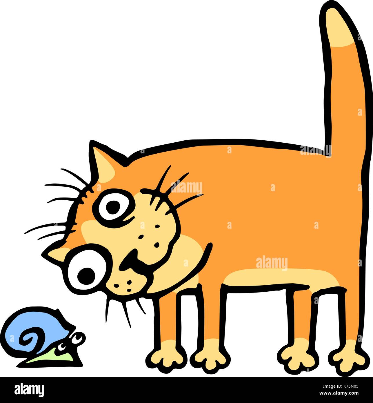 Cat watching the snail. Vector illustration. Cheerful pet and funny ...