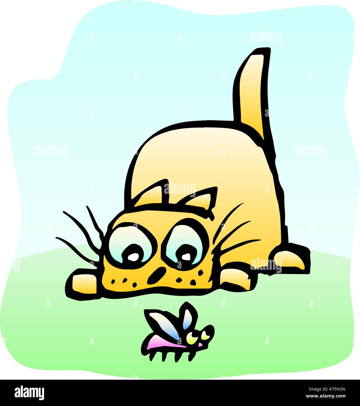 cute yellow cat preys on the beetle. vector illustration. cheerful pet ...