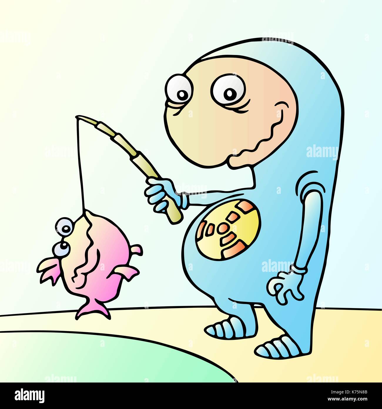 Lovely newcomer caught a big fish. Vector illustration. Cute cartoon ...