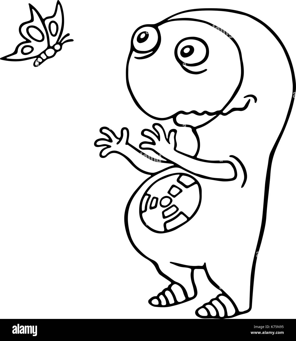 Friendly space alien enjoy the butterfly. Vector illustration. Funny ...